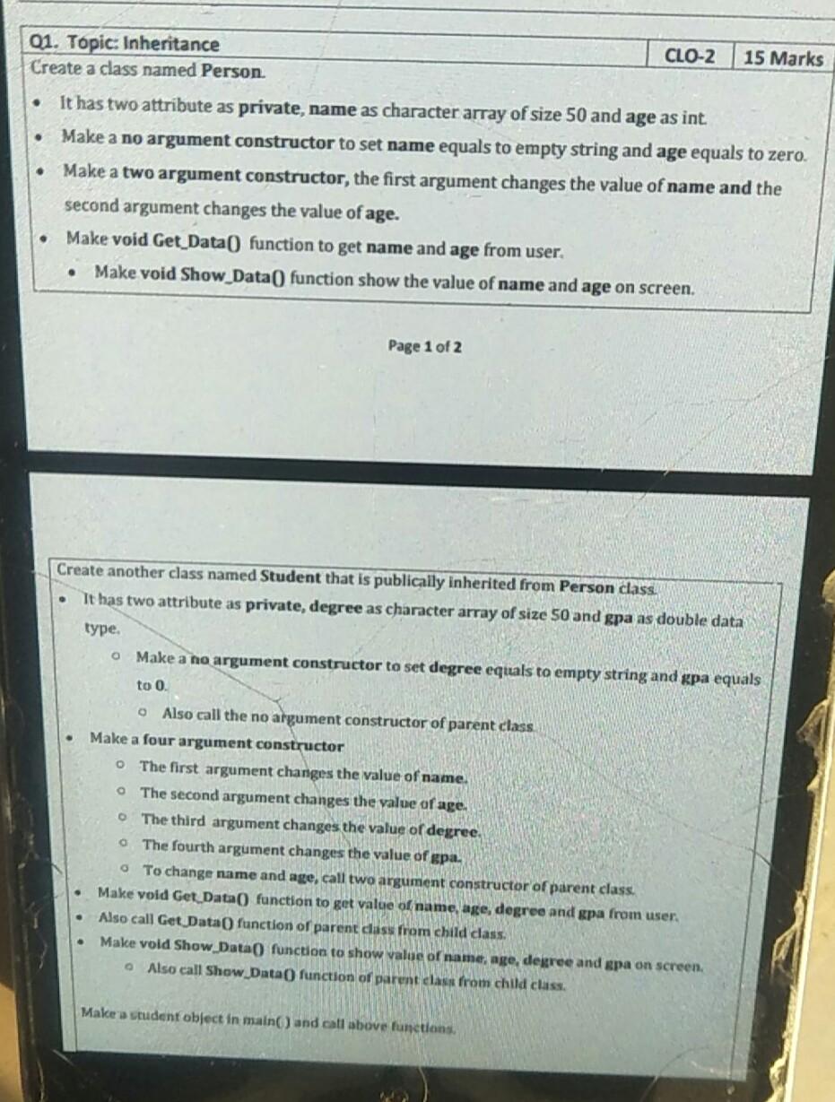 Solved 01. Topic: Inheritance Co-2 15 Marks Create a class | Chegg.com