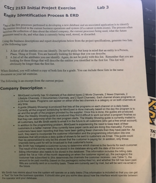 Lab 3 CSCI 2153 Initial Project Exercise Entity | Chegg.com