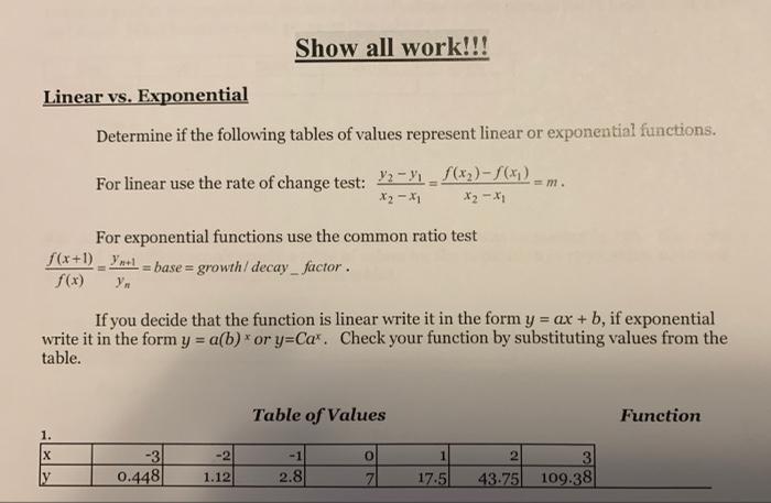 Solved Linear vs. Exponential Determine if the following | Chegg.com