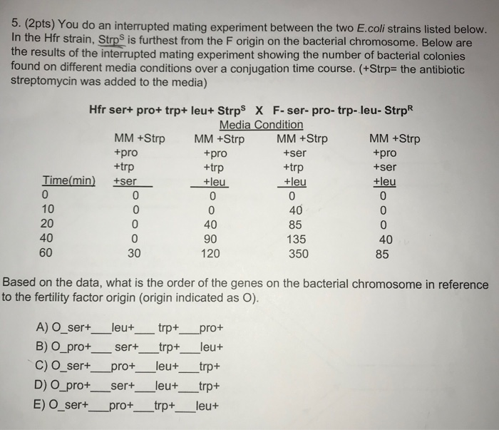 Solved 5. (2pts) You do an interrupted mating experiment | Chegg.com