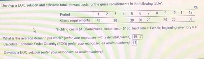 Solved Develop a EOQ solution and calculate total relevant | Chegg.com