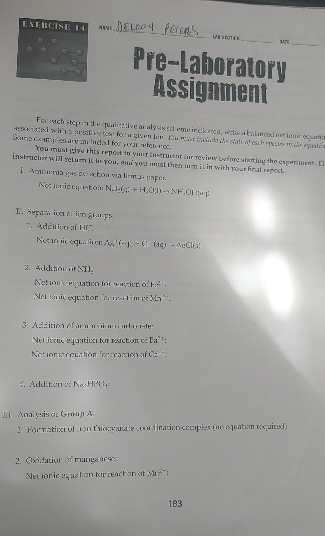 Solved EXERCISE 14 NAME DELROY PETERS LAB SECTION DATE | Chegg.com