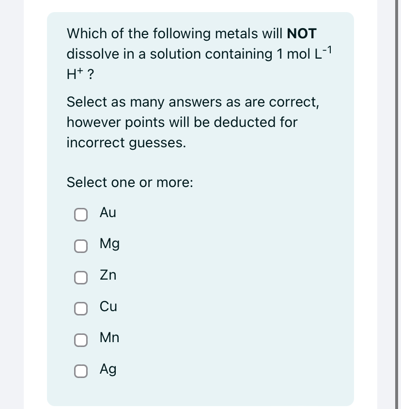 Solved Which of the following metals will NOT dissolve in a | Chegg.com