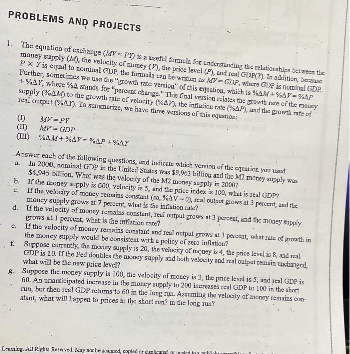 Solved PROBLEMS AND PROJECTS 1. The equation of exchange (MV | Chegg.com