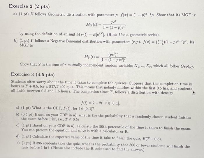 Solved Exercise 2 (2 pts) a) (1 pt) X follows Geometric | Chegg.com