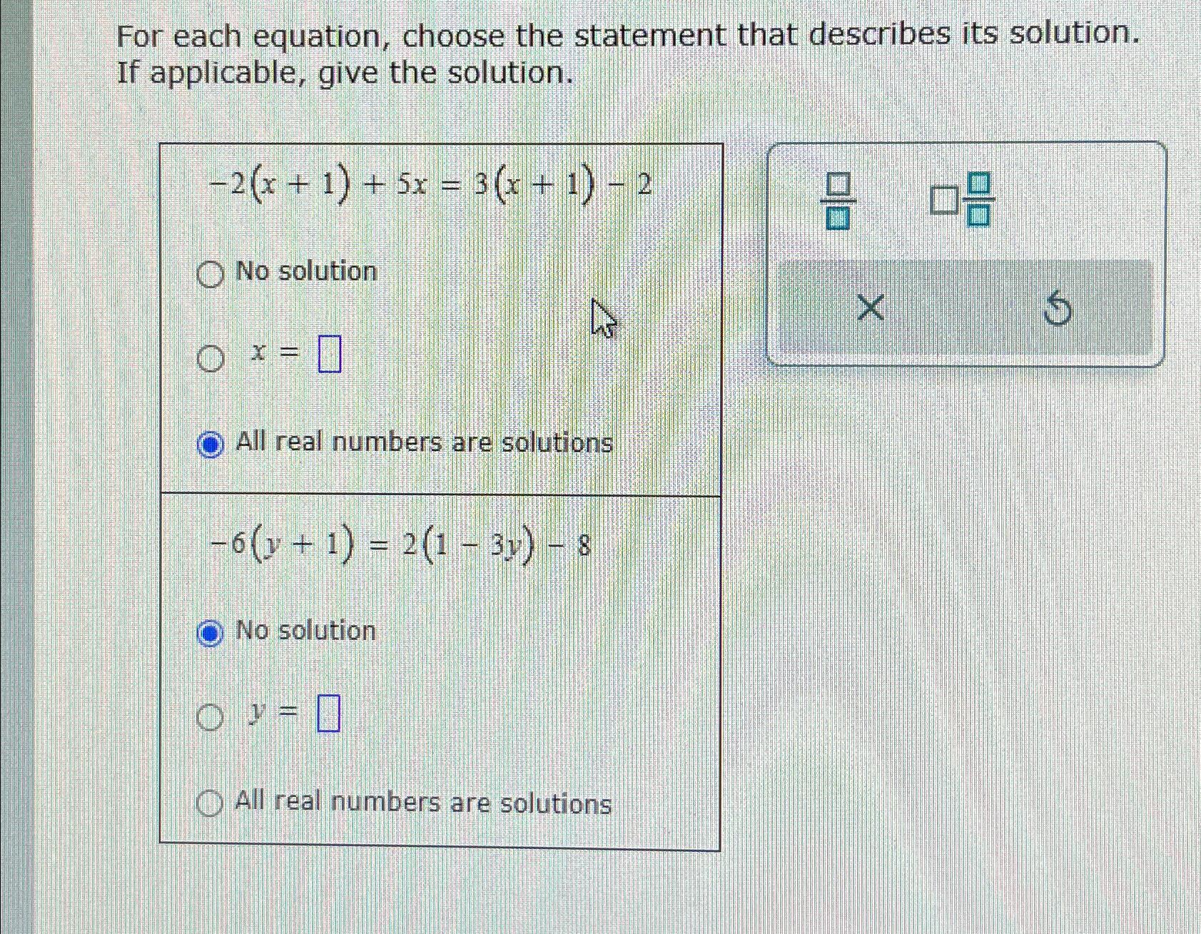 Solved For each equation, choose the statement that | Chegg.com