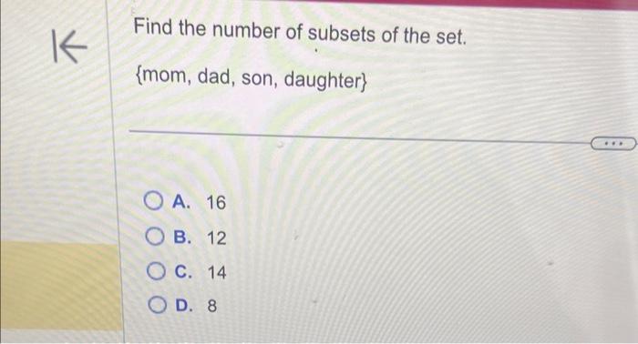 Solved Find the number of subsets of the set. \{mom, dad, | Chegg.com