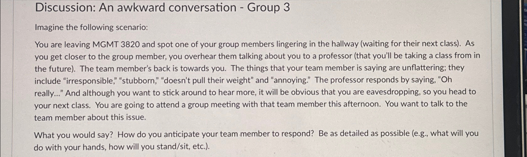 Solved Discussion: An awkward conversation - ﻿Group 3Imagine | Chegg.com