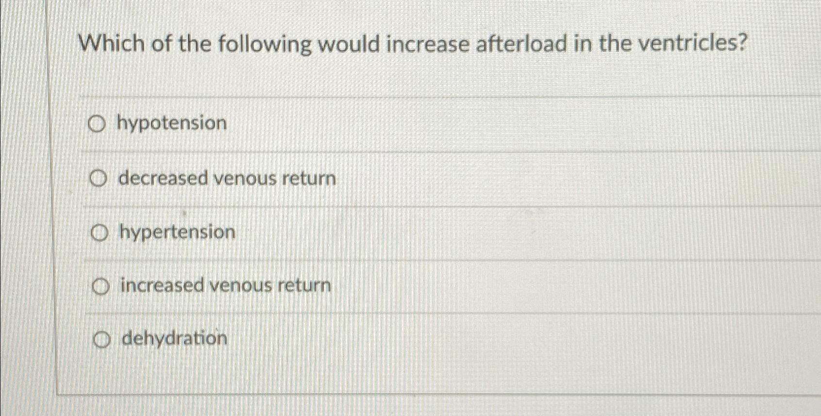 Solved Which of the following would increase afterload in | Chegg.com
