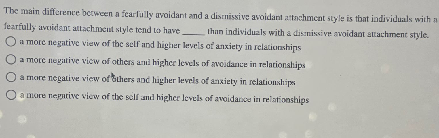Solved The main difference between a fearfully avoidant and | Chegg.com