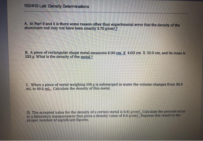 Solved 192/410 Lab: Density Determinations A. In Part 3 and | Chegg.com