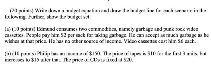 Solved 1. (20 points) Write down a budget equation and draw | Chegg.com