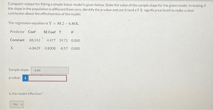 Solved Computer output for fitting a simple linear model is | Chegg.com