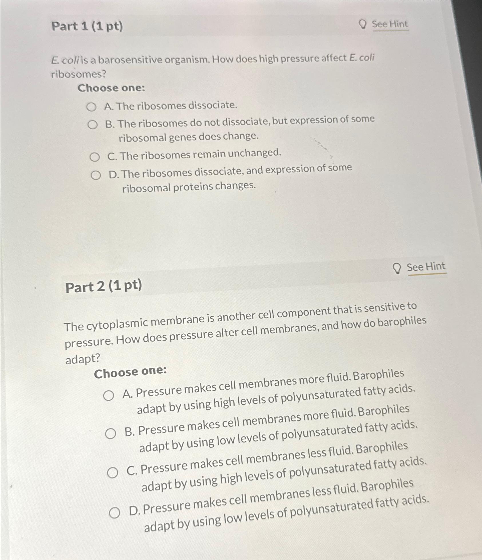 Solved Part 1 (1 ﻿pt)See HintE. ﻿coli is a barosensitive | Chegg.com
