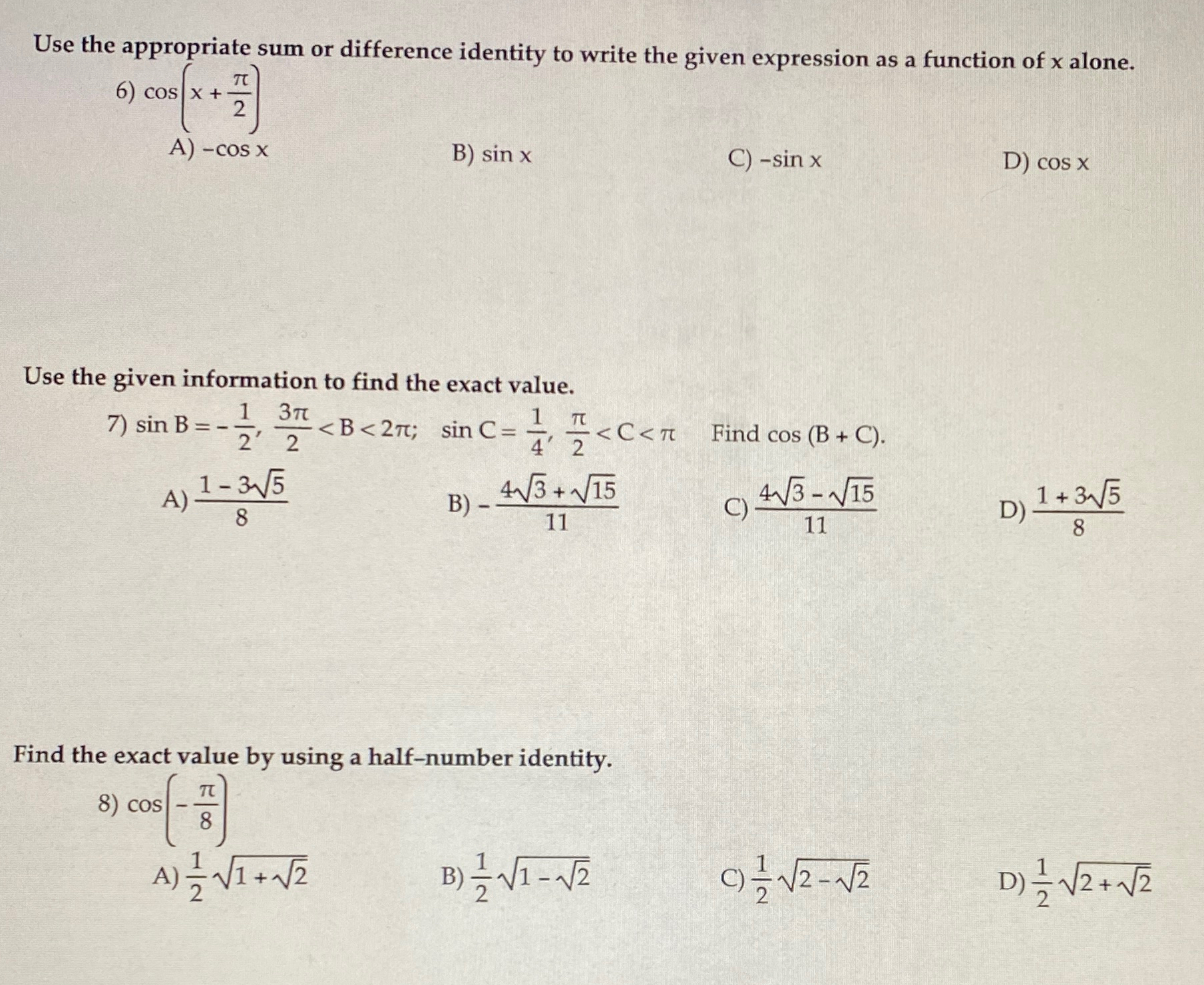 Solved Use the appropriate sum or difference identity to | Chegg.com