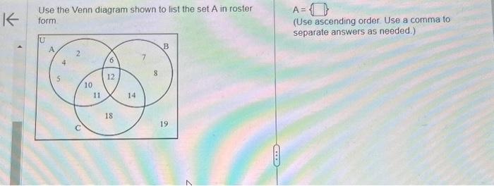 Solved Use the Venn diagram shown to list the set A in | Chegg.com