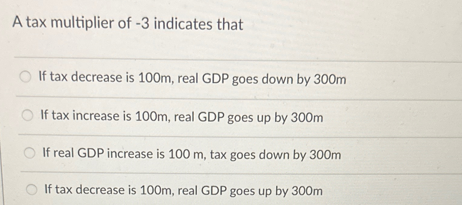 Solved A tax multiplier of -3 ﻿indicates thatIf tax decrease | Chegg.com