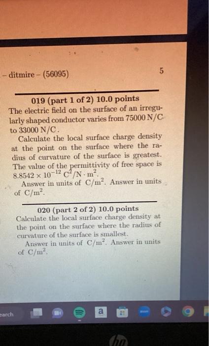 Solved 019 (part 1 of 2 ) 10.0 points The electric field on | Chegg.com