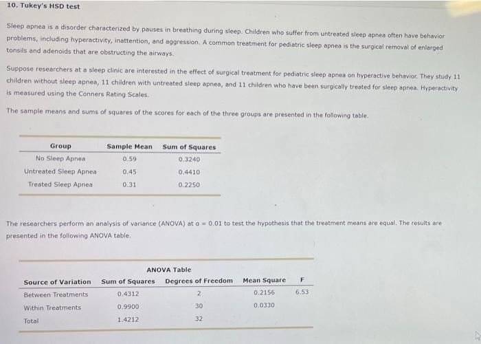Solved 10. Tukey's HSD test Sleep apnea is a disorder | Chegg.com