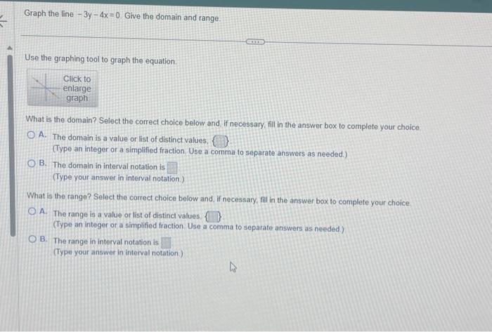 Solved Graph the line −3y−4x=0. Give the domain and range. | Chegg.com