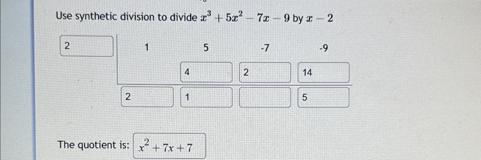 Solved Use synthetic division to divide x3+5x2-7x-9 ﻿by | Chegg.com
