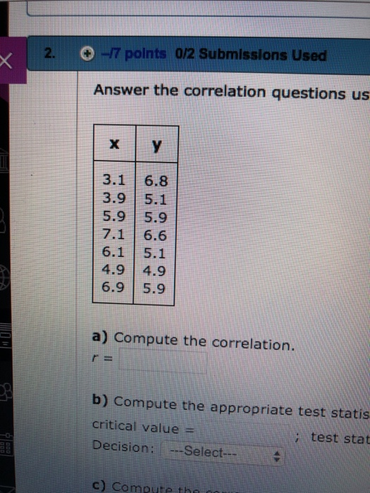 Solved Answer the correlation questions using the data | Chegg.com