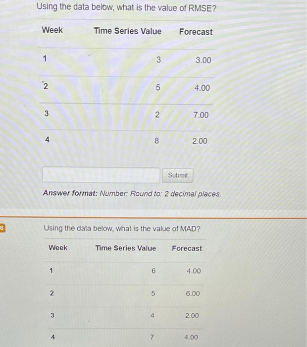 Solved Using the data below, what is the value of RMSE? Week | Chegg.com