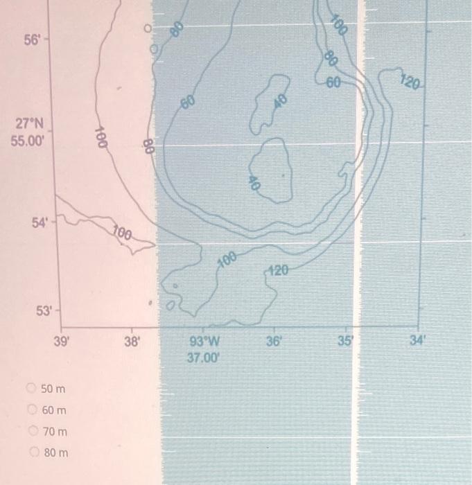 Solved Based on the map below, how deep is the water column | Chegg.com