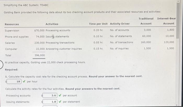 Simplifying the ABC System: TDABC Golding Bank | Chegg.com