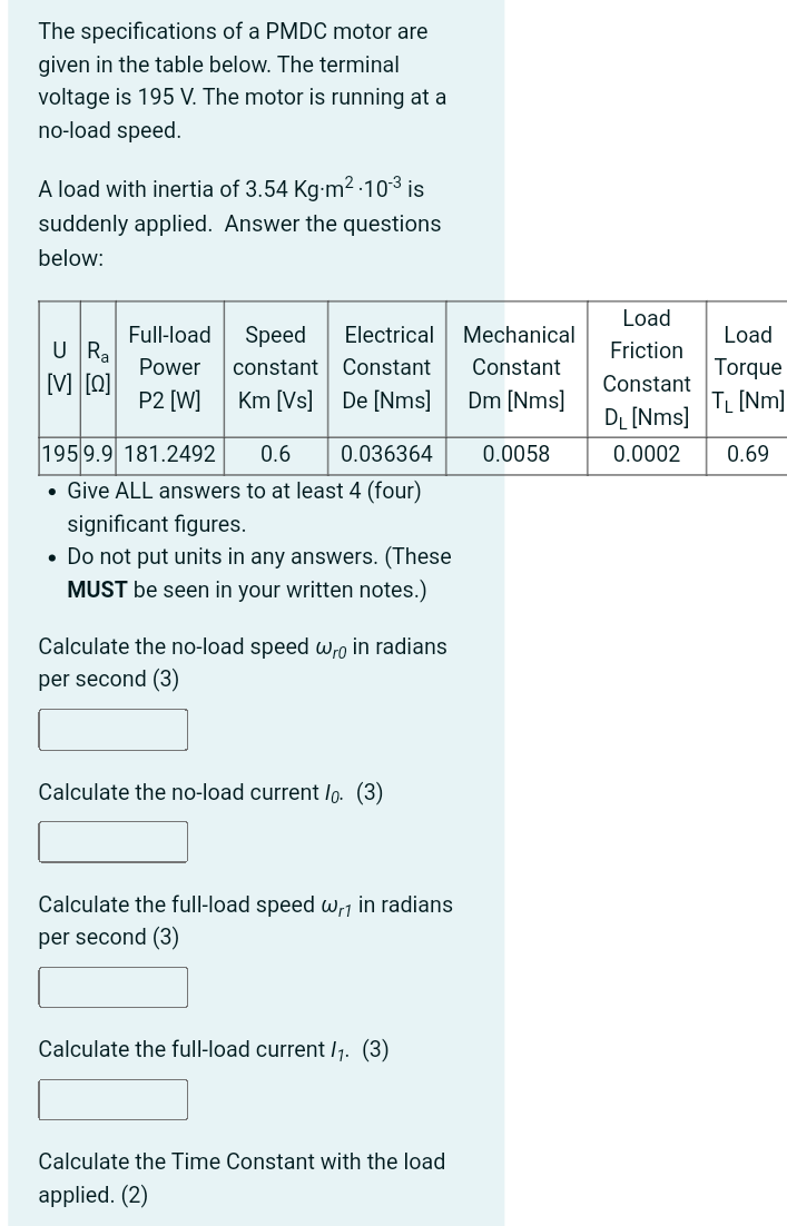Solved The specifications of a PMDC motor are given in the | Chegg.com