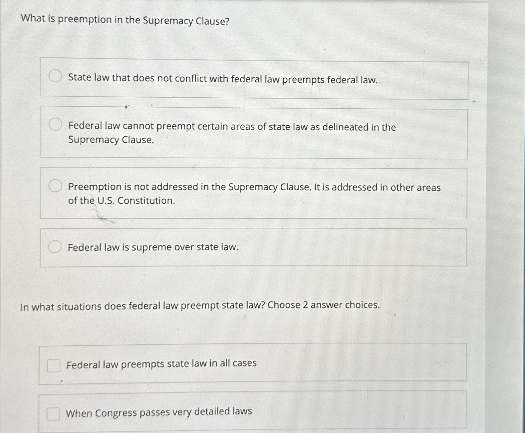 Solved What is preemption in the Supremacy Clause?State law | Chegg.com