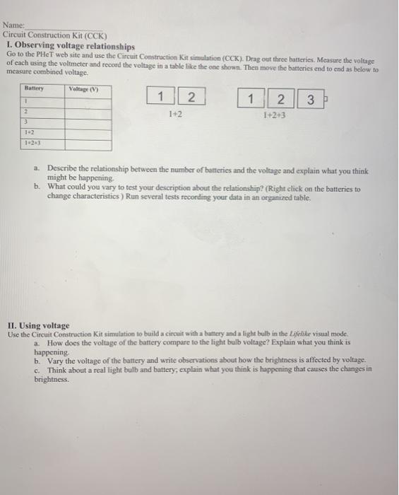 Solved Name: Circuit Construction Kit (CCK) 1. Observing | Chegg.com