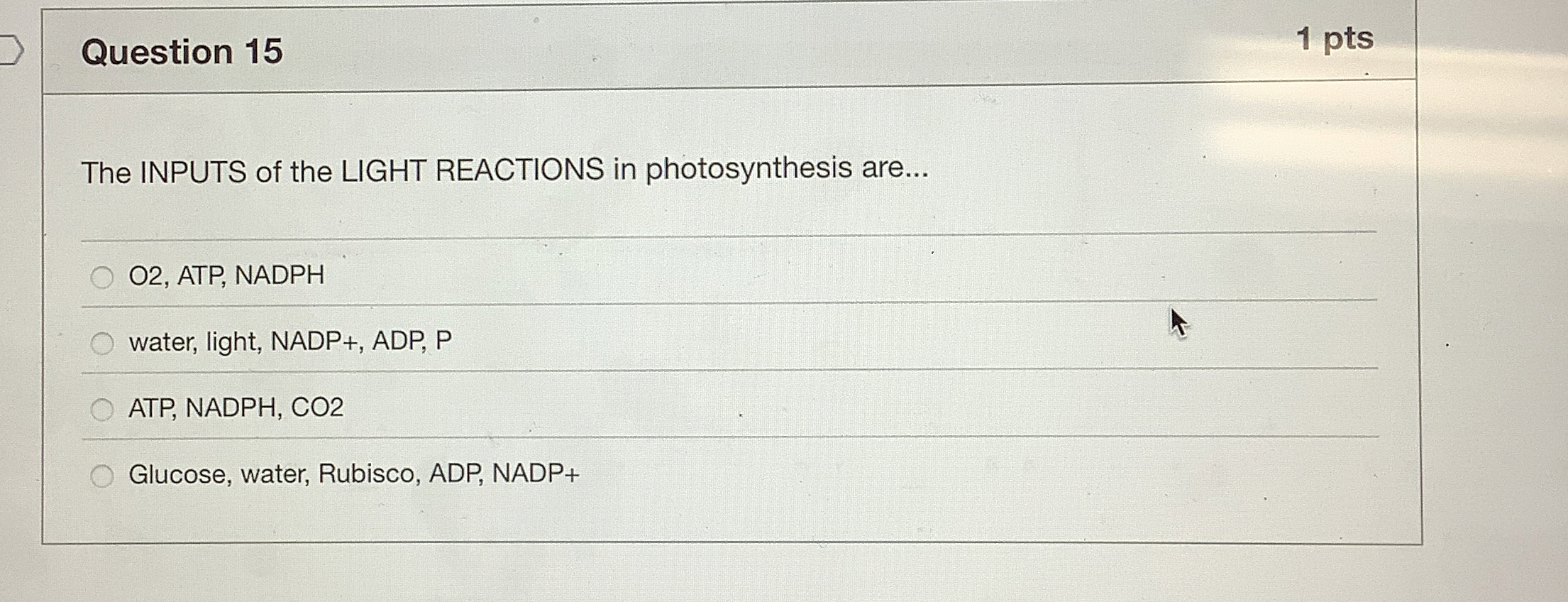 Solved Question 151 ﻿ptsThe INPUTS of the LIGHT REACTIONS in | Chegg.com