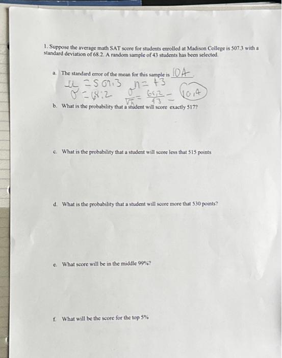 Solved 1. Suppose the average math SAT score for students | Chegg.com
