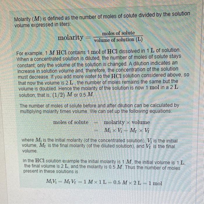 [Solved]: Correct Molarity (or molar concentration) is one