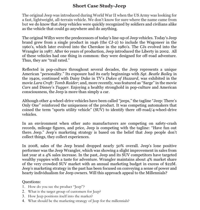 Solved Short Case Study-Jeep The original Jeep was | Chegg.com