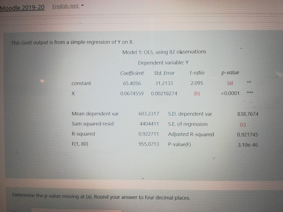 Solved Moodle 2019-20 English (en) This Gretl output is from | Chegg.com
