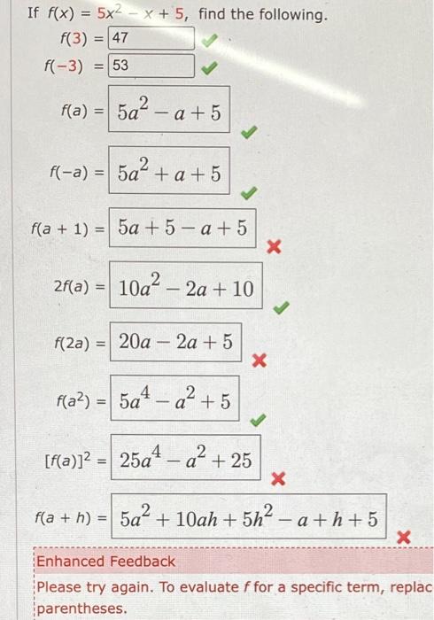 Solved If f(x)=5x2−x+5, find the following. f(3)= f−3)= | Chegg.com