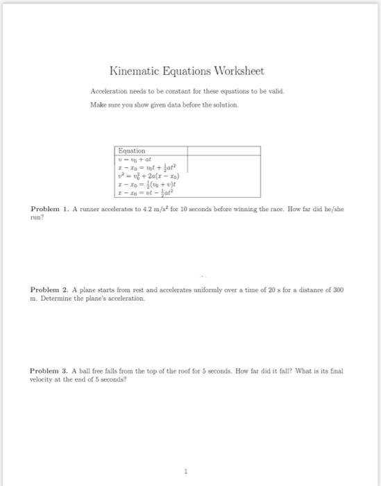 Solved Kinematic Equations Worksheet Acceleration needs to | Chegg.com