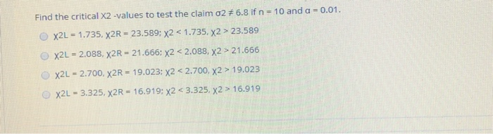 Solved Find the critical X2 -values to test the claim 02# | Chegg.com