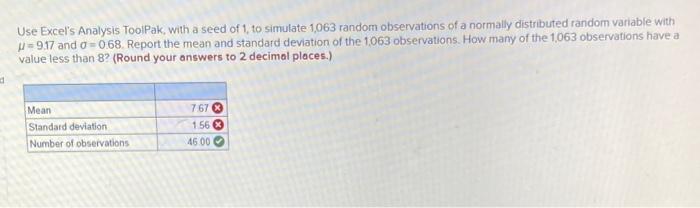 Solved Use Excel's Analysis ToolPak, with a seed of 1, to | Chegg.com