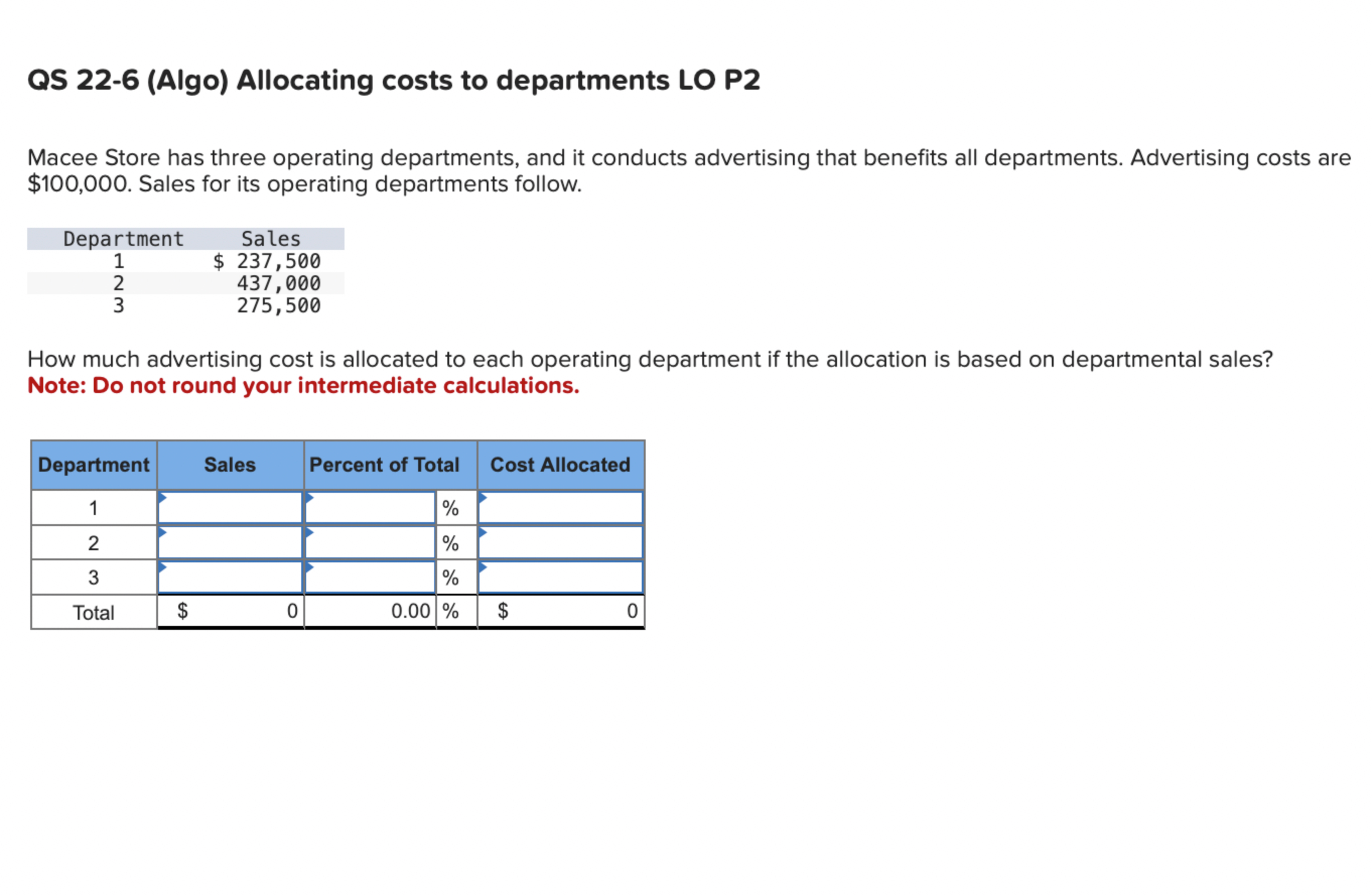 Solved QS 22-6 (Algo) ﻿Allocating costs to departments LO | Chegg.com