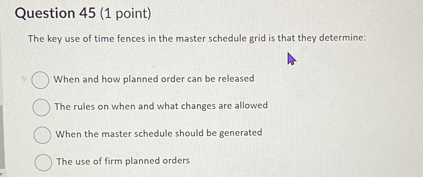 Solved Question 45 (1 ﻿point)The key use of time fences in | Chegg.com