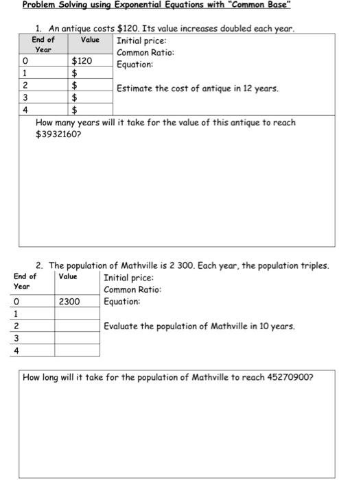 Solved Problem Solving using Exponential Equations with | Chegg.com