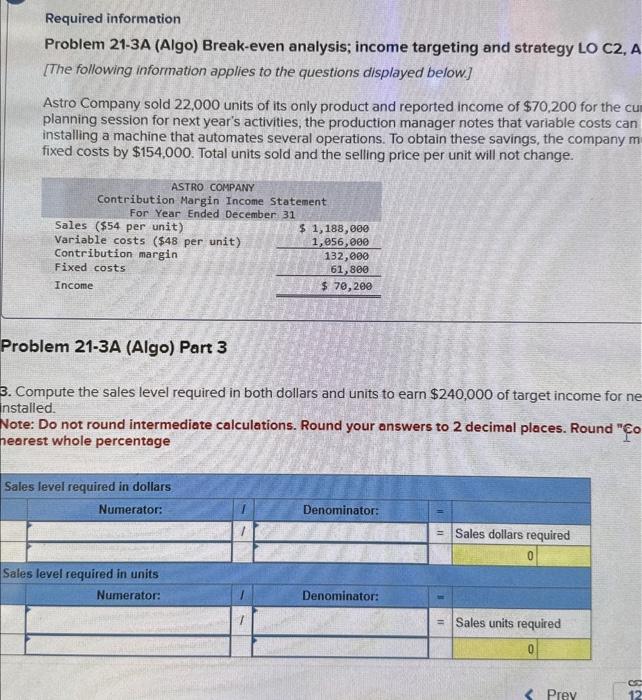 Solved Required information Problem 21-3A (Algo) Break-even | Chegg.com