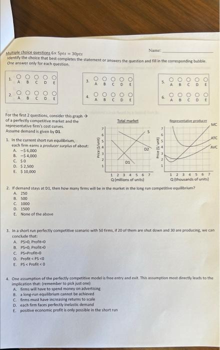 Solved Name: Multiple choice questions 6x Spis - 30pts | Chegg.com