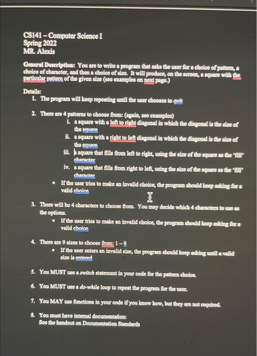 Solved CS141 - Computer Science I Spring 2022 Mi. Alexis | Chegg.com