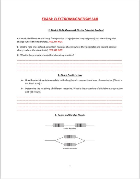 Solved EXAM: ELECTROMAGNETISM LAB 1- Electric Field Mapping | Chegg.com