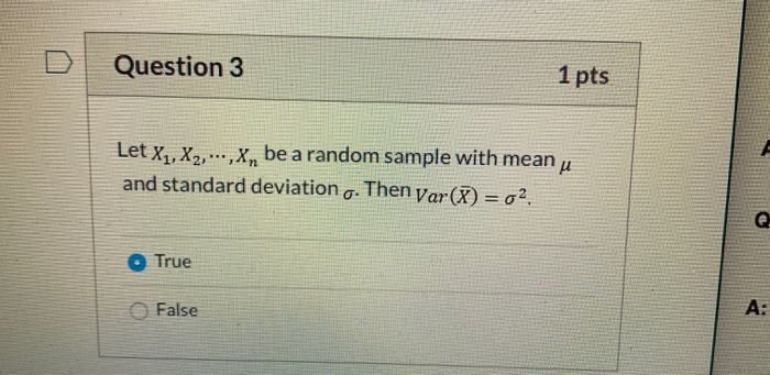 Solved Question 3 1 pts Let X1, X2,...,x, be a random sample | Chegg.com