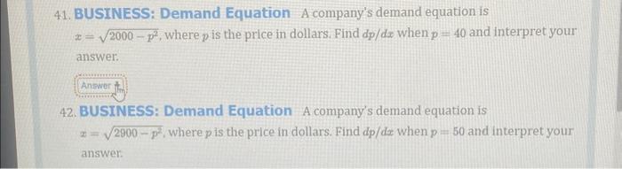 Solved 41. BUSINESS: Demand Equation A company's demand | Chegg.com